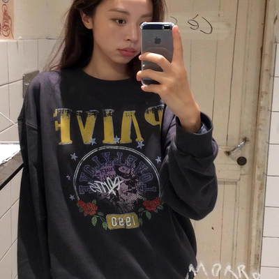 复古字母玫瑰印花卫衣女慵懒宽松
