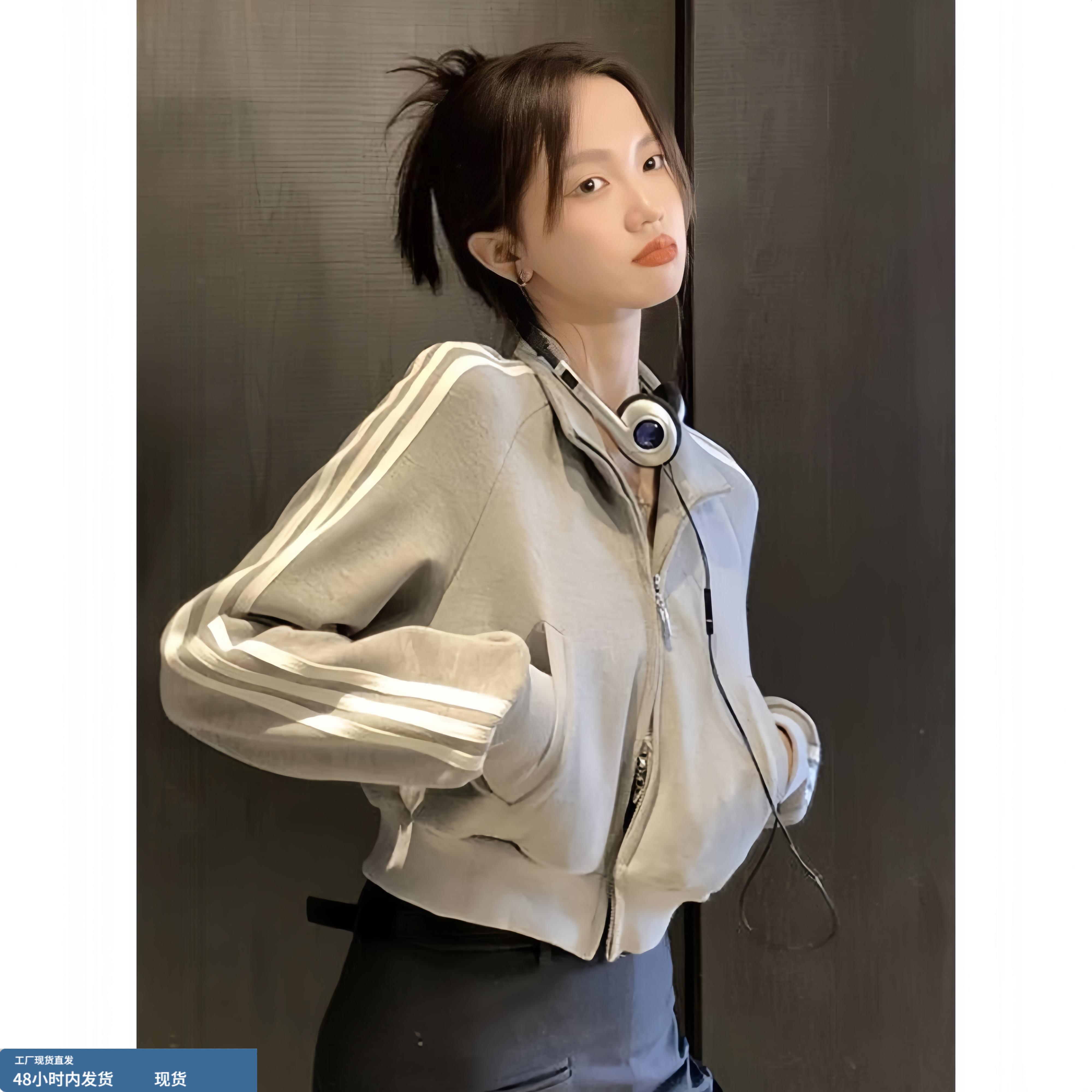 美式灰色短版卫衣外套女春秋薄款小个子长袖拉炼开衫运动上衣ins