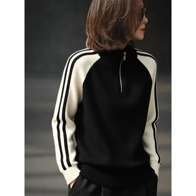 欧货高端大牌撞色半拉链长袖羊绒针织衫2025冬款时髦潮流毛衣上衣