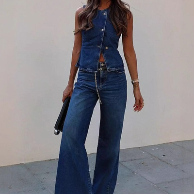 Sleeveless vest fashion wide leg denim pants suit for women