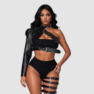 Women's Black single shoulder dance outfit Leather jacket ﻿