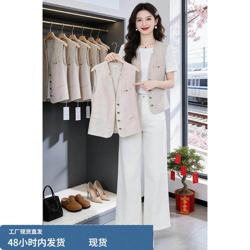 复古单排扣亚麻西装马甲背心女夏季薄款外搭V领无袖背心外套上衣