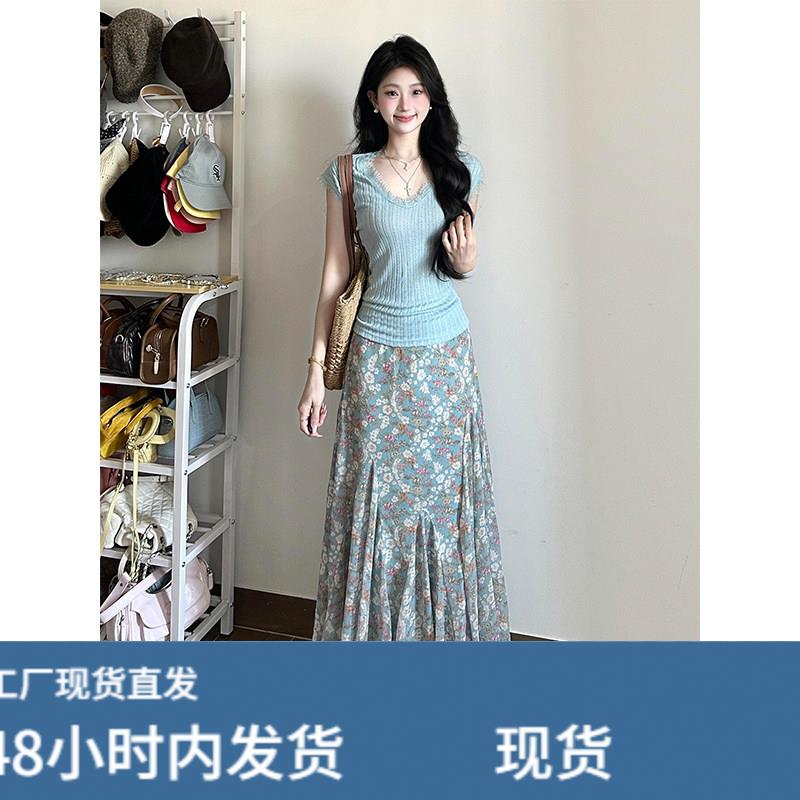 2026新款法式气质高级感长版长裙碎花洋装子半身裙两件式套装女夏