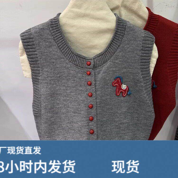 春节小马新年上衣复古大红色单排纽扣圆领无袖针织开衫马甲背心女