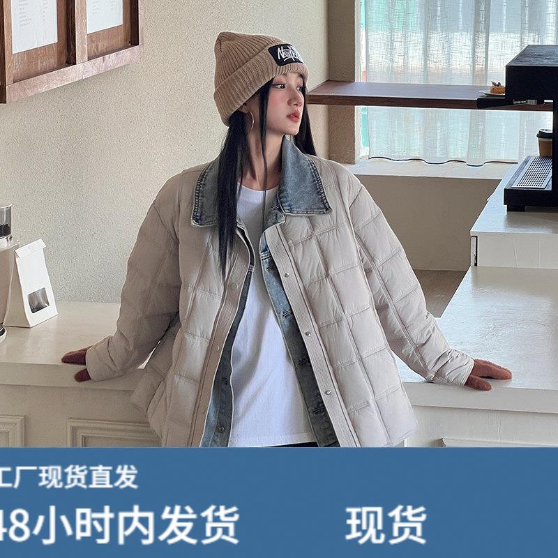 棉服外套女短款拼接牛仔领羽绒轻薄时尚简约学生小香风加厚冬季