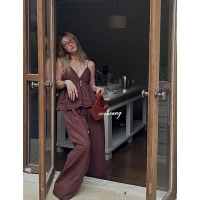 夏天亚麻背心阔腿裤套装