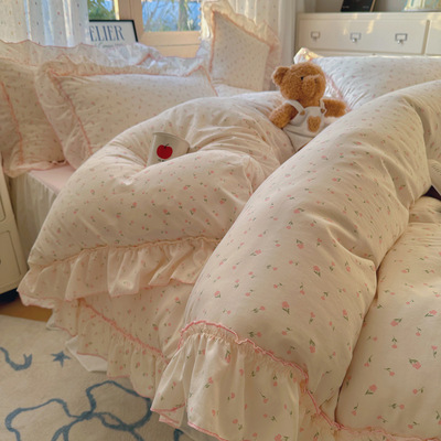 A类韩版花边床上用品四件套荷叶边床裙款亲肤柔软被套不起球床单