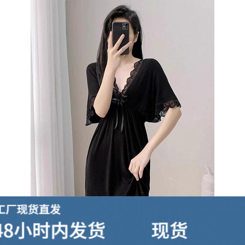 法式浪漫蕾丝V领睡裙女夏季穿搭薄款性感短袖睡衣休闲宽松家居服