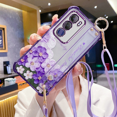 适用vivoy50手机壳油画花朵挂绳