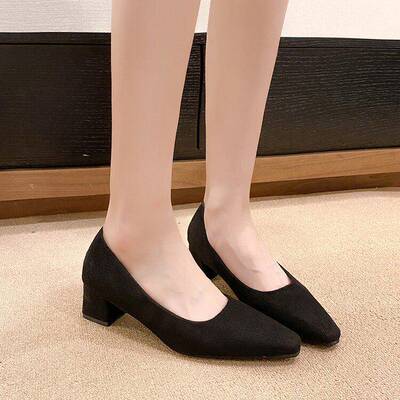 春夏方头绒面高跟鞋女粗跟低气质浅口蓝色舒适黑色工作鞋0321z