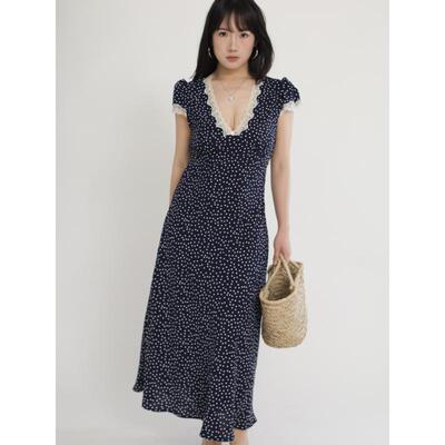 藏青波点人棉单层法式复古连衣裙