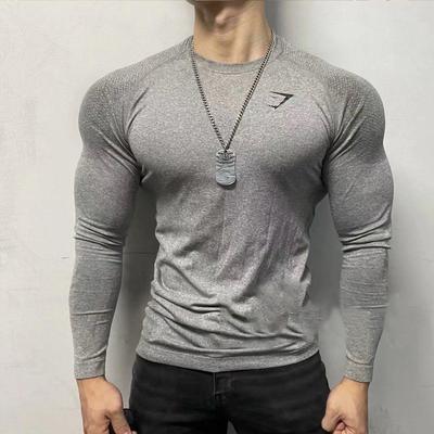 GYMSHARK健身长袖男士无缝健身衣显肌肉速干训练高弹鲨鱼运动T恤