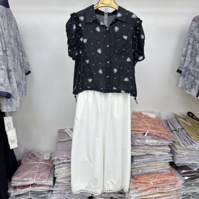2805专柜正品新款夏季女装时尚翻领短袖上衣+阔腿裤妈妈装两件套