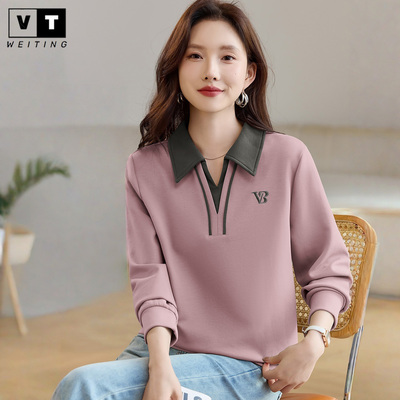 WEI TING假两件POLO领卫衣女春秋季2025新款时尚洋气宽松正肩上衣