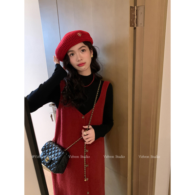 【陈格格】甜心Rachel~法式针织叠穿大口袋单排扣宽松无袖背心裙