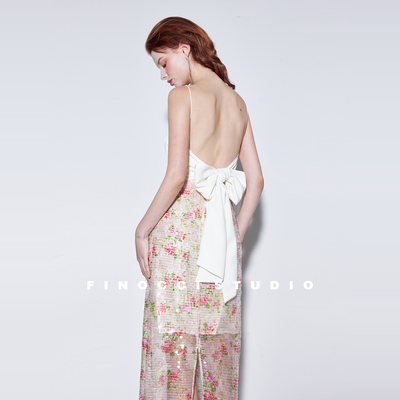 玫瑰刺绣亮片露背蝴蝶结吊带裙女