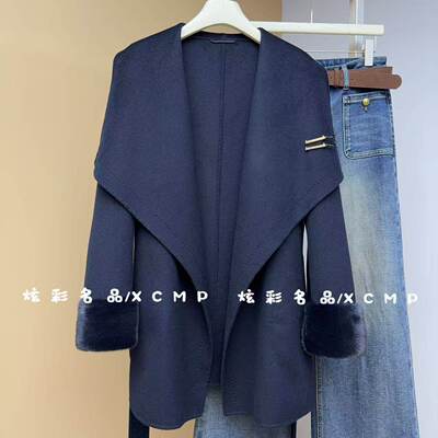 炫彩名品2026冬季新款欧货大翻领袖口水貂羊毛山羊绒呢子大衣6135