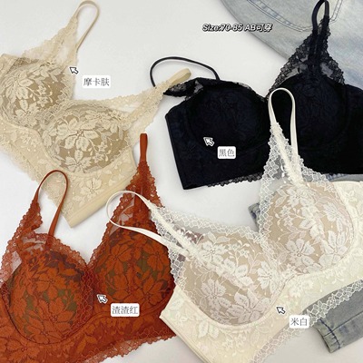 法式深V领蕾丝吊带美背内衣女无钢圈小胸聚拢透气一体杯纯欲文胸