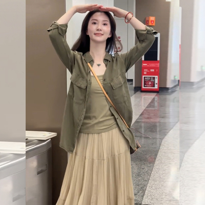 气质洋派上衣一整套oot穿搭早季绿色长袖衬衫内搭杏色半0611k1