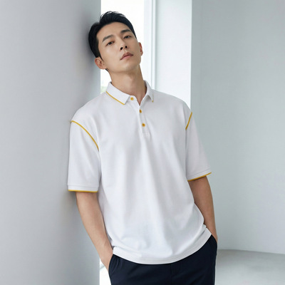 Men T-shirt tshirts日式复古宽松 polo 衫男 撞色镶边翻领短袖