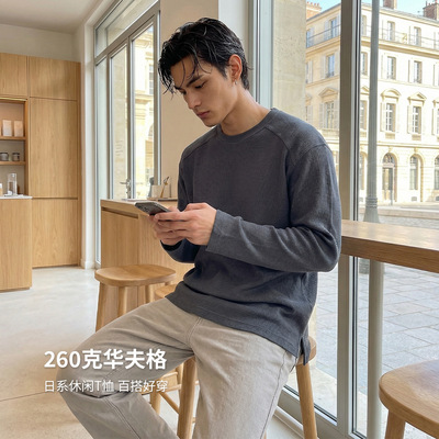 shirt men tshirt男装华夫长袖t日系宽松短袖体恤上衣青年纯色