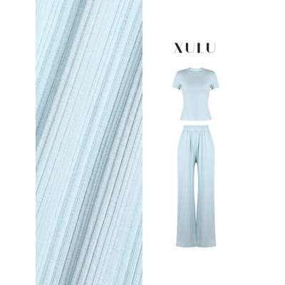XULU原创夏季纯色棉坑条纹短款上衣修身宽松弹力阔腿裤两件套装