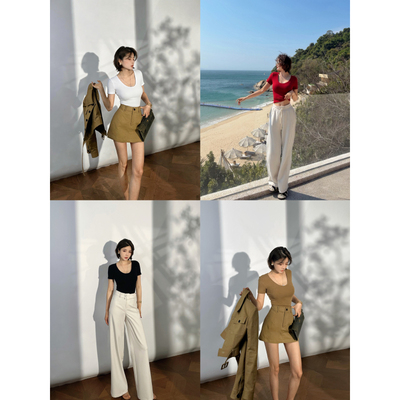 XULU原创夏季新款透气亲肤棉U领打底衫正肩短袖修身短款T恤上衣