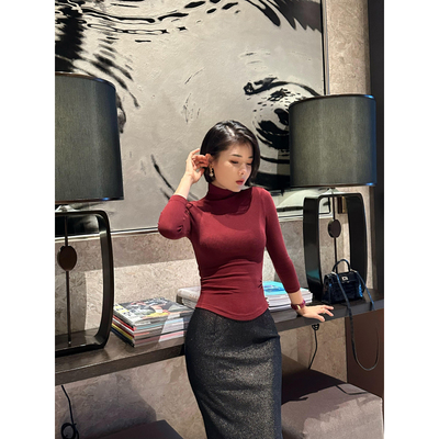 XULU原创秋季纯色慕斯绒打底衫通勤百搭修身显瘦高领七分袖上衣