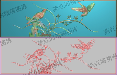 精雕图灰度图浮雕精品檀雕花鸟兰花抽斗围板横板挡板侧板583x187