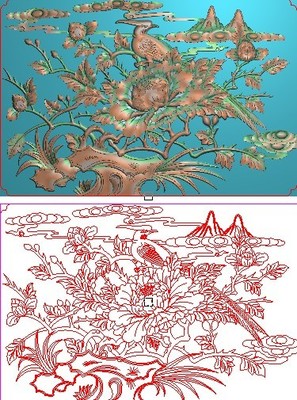 藏式深雕牡丹花鸟精雕图 祥云山水花鸟背板门板横板灰度图浮雕图