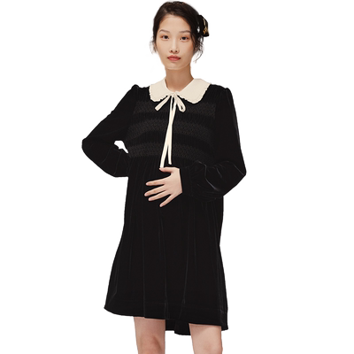 SELLYNEAR法式优雅撞色丝绒裙