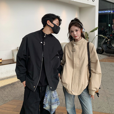 3MER哦哦三妹 美式复古立领外套女2025春秋新款宽松休闲工装夹克