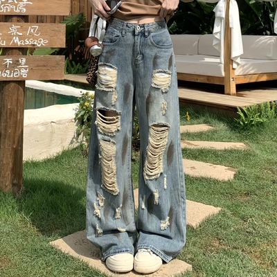 3MER设计感泼墨破洞牛仔裤