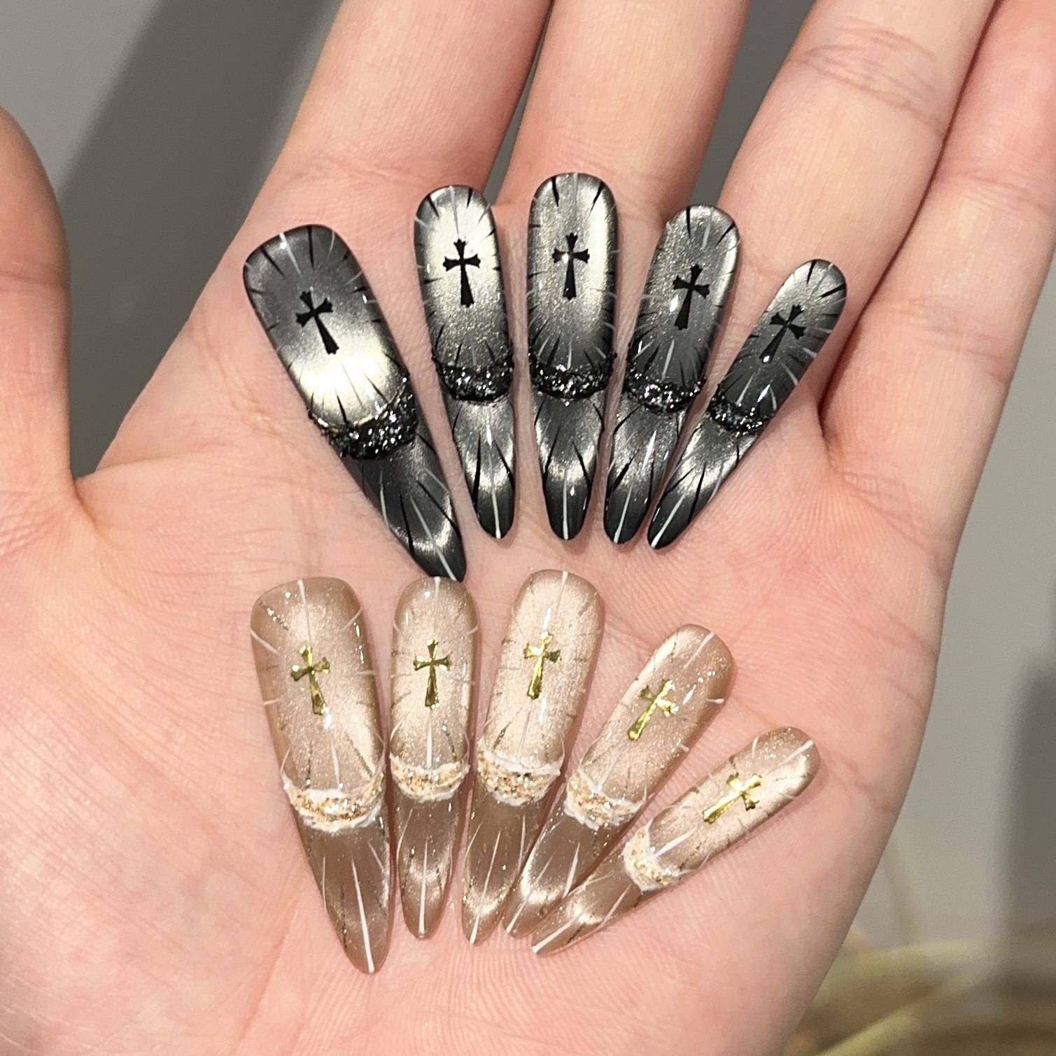 【神谕圣光】纯手工穿戴甲片黑色猫眼高级感美甲片轻奢爆款穿戴甲