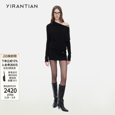 YIRANTIAN黑色羊毛斜肩连衣裙女