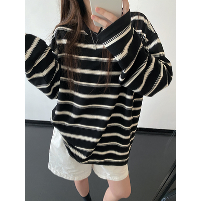 撞色条纹简约圆领长袖运动T恤