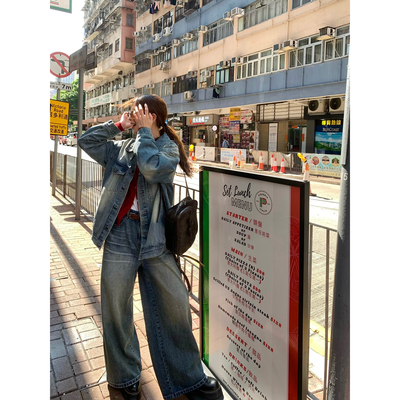 WHYSTUDIO_重工复古牛仔外套牛仔裤套装女春季翻领长袖直筒阔腿裤