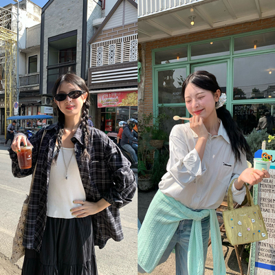 WHYSTUDIO 刺绣字母格纹条纹衬衫女春季新款高级宽松长袖气质上衣