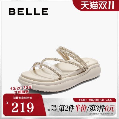 百丽女鞋水钻厚底凉拖鞋子夏季新款可外穿仙女沙滩休闲拖E3D1DBT5