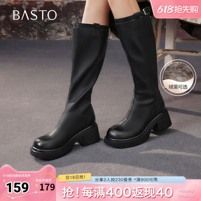 百思图秋冬季新款骑士靴时尚简约街头潮流粗跟女长靴F5607DG5