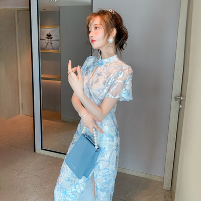 蓝色少女旗袍改良夏季新款