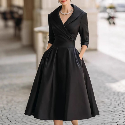 Fashionable commuting lapel cross pleate waist A dress women