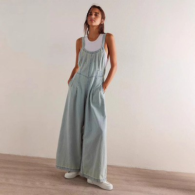 女士牛仔背带裤宽松阔腿