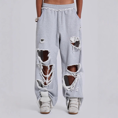 Gray Ripped Women Pants Y2k Wide Leg Retro HipHop Sweatpants