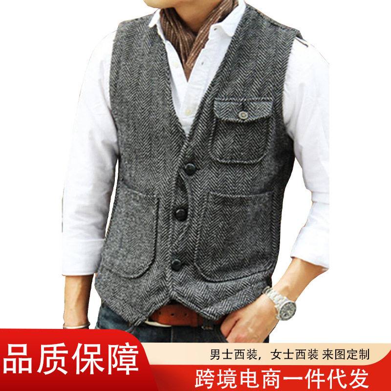 亚马逊热销新款男士休闲时尚马甲美式复古粗花西装马甲厂家现货