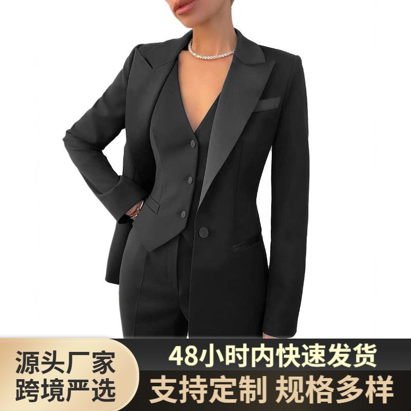 跨境女士西服三件套商务职业休闲女士西装亚马逊女装修身黑色套装