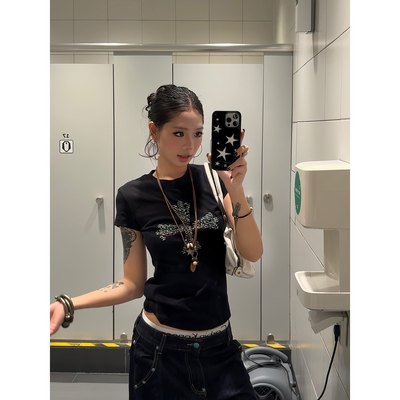 【F383】十字印花正肩短袖