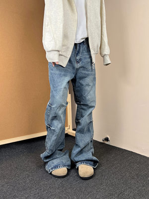 【F383】拉链褶皱牛仔裤