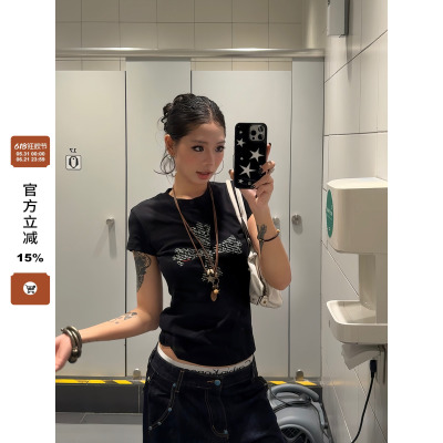 【F383】十字印花正肩短袖