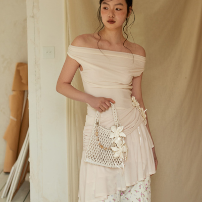 Shiitake 不规则一字领小花装饰短连衣裙碎花工装阔腿裤